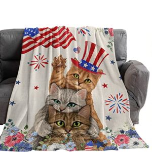 Flannel Fleece Throw Blanket Cute Cat USA Flag Independence Day Star Poppy Floral,Lightweight Cozy Warm Throws Patriotic Fireworks on Cotton,Soft Plush Blankets for All Seasons,Bed Couch Car 50x60in