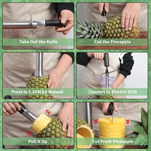 Newness Pineapple Corer with Knife, [Upgraded, Electric & Manual] Stainless Steel Fruit Pineapple Cutter with Electric Drill Accessory, Pineapple Slicer Core Remover Kitchen Tool with Measure Mark