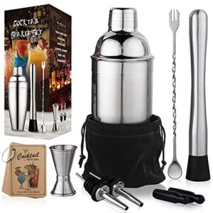 24 oz cocktail shaker set bartender kit by aozita, stainless steel martini shaker, mixing spoon, muddler, measuring jigger, liquor pourers with dust caps and manual of recipes, professional bar tools