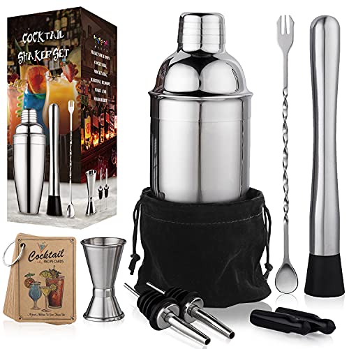 24 oz Cocktail Shaker Set Bartender Kit by Aozita, Stainless Steel Martini Shaker, Mixing Spoon, Muddler, Measuring Jigger, Liquor Pourers with Dust Caps and Manual of Recipes, Professional Bar Tools