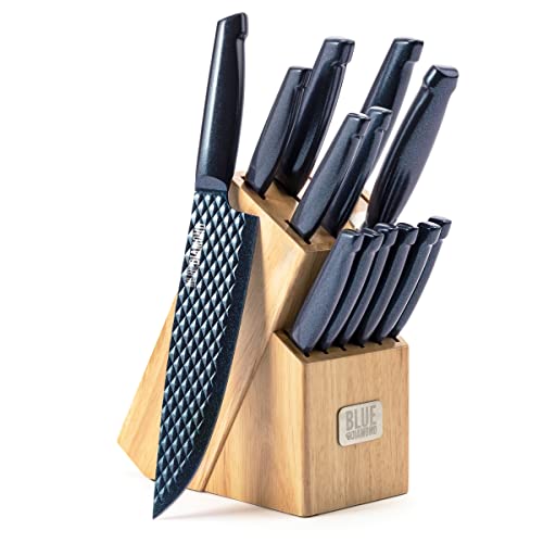 Blue Diamond Sharp Stone Nonstick Stainless Steel Cutlery, 14 Piece Wood Knife Block Set with Chef Steak Knives and more, Diamond Texture Blade, Dishwasher Safe Knives, Blue