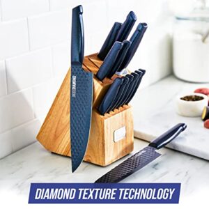 Blue Diamond Sharp Stone Nonstick Stainless Steel Cutlery, 14 Piece Wood Knife Block Set with Chef Steak Knives and more, Diamond Texture Blade, Dishwasher Safe Knives, Blue