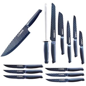 Blue Diamond Sharp Stone Nonstick Stainless Steel Cutlery, 14 Piece Wood Knife Block Set with Chef Steak Knives and more, Diamond Texture Blade, Dishwasher Safe Knives, Blue