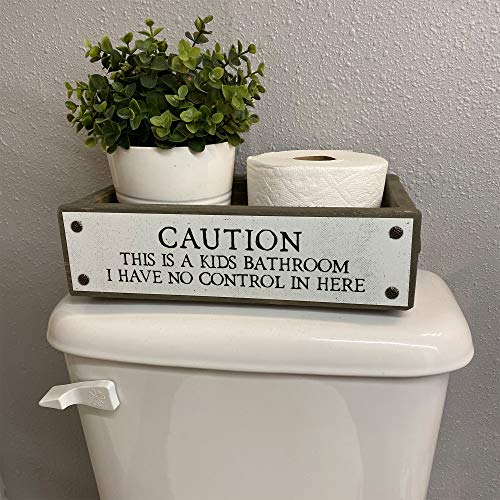 ANVEVO Caution This is A Kids Bathroom, I Have No Control in Here – Bathroom Box – Cute & Funny Rustic Farmhouse Bathroom Decor - Toilet Paper Holder - Wood Boxes with Sayings – Diaper Caddy