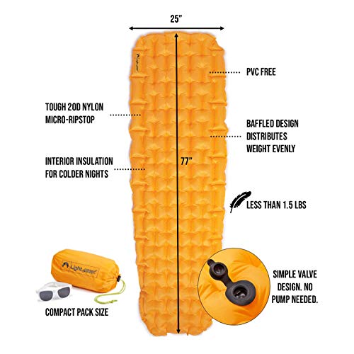 Lightspeed Outdoors Insulated Air Mat | Camping Mattress | Sleeping Pad for Backpacking and Hiking | Camp Air Mattress | Inflating Sleeping Pad for Camping | 77" x 25" x 3" | Yellow