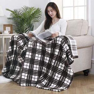 ELLE HOME Oversized Sherpa Throw - Soft Warm Flannel Fleece Blanket, for Bed and Couch - Oversized Throw 50" X 70", Black and White Plaid