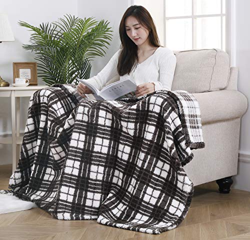 ELLE HOME Oversized Sherpa Throw - Soft Warm Flannel Fleece Blanket, for Bed and Couch - Oversized Throw 50" X 70", Black and White Plaid