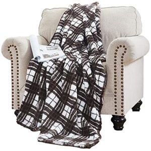 ELLE HOME Oversized Sherpa Throw - Soft Warm Flannel Fleece Blanket, for Bed and Couch - Oversized Throw 50" X 70", Black and White Plaid