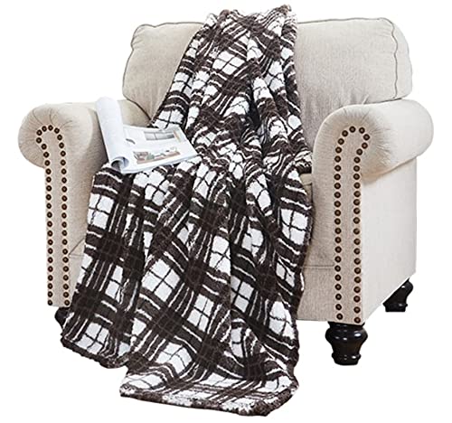 ELLE HOME Oversized Sherpa Throw - Soft Warm Flannel Fleece Blanket, for Bed and Couch - Oversized Throw 50" X 70", Black and White Plaid