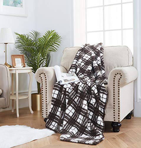 ELLE HOME Oversized Sherpa Throw - Soft Warm Flannel Fleece Blanket, for Bed and Couch - Oversized Throw 50" X 70", Black and White Plaid