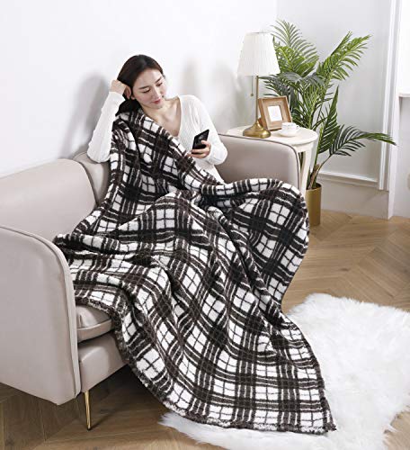 ELLE HOME Oversized Sherpa Throw - Soft Warm Flannel Fleece Blanket, for Bed and Couch - Oversized Throw 50" X 70", Black and White Plaid