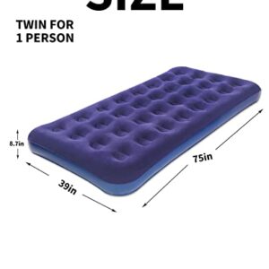 JEAOUIA Twin Size Air Mattress for Inflatable - Portable Blue Blow Up Mattresses with Flocked top - Single Foldable Air Bed for Tent Camping Home Travel Backpacking