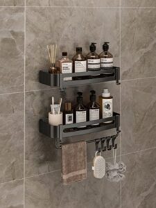 qwwss shower caddy, non-marking self-adhesive shower with removable 4 hooksframebathroom must haves，sus304 black shower organizer,kitchen spice rack-2-pack