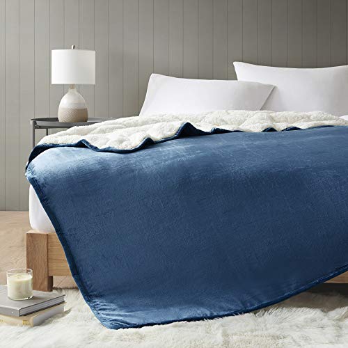 Comfort Spaces Reversible Weighted Blanket Velvet to Sherpa Adult-Glass Beads Filling All Season Soft Heavy Wraps-Box Quilted Cozy Warm Bed Cover, 60"x80" / 15lbs, Navy,CS50-1245