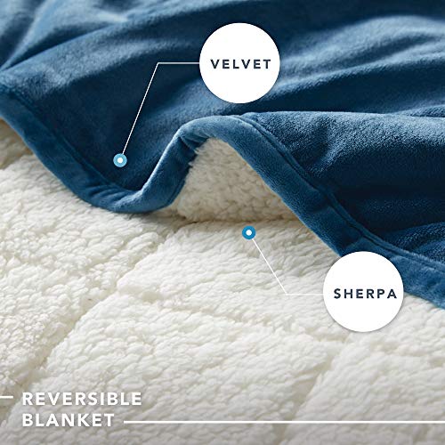 Comfort Spaces Reversible Weighted Blanket Velvet to Sherpa Adult-Glass Beads Filling All Season Soft Heavy Wraps-Box Quilted Cozy Warm Bed Cover, 60"x80" / 15lbs, Navy,CS50-1245