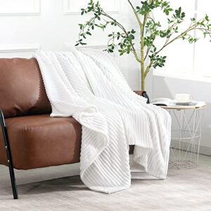 Vessia Flannel Fleece White Throw Blanket(50X70 Inch), Lightweight Couch White Blanket, Warm and Soft Stripe Bed Blanket, Cozy Comfy Microfiber Ribbed Sofa Blanket for All Season