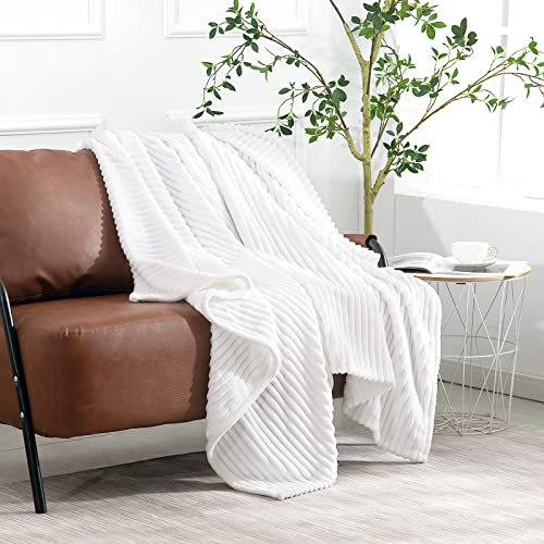 Vessia Flannel Fleece White Throw Blanket(50X70 Inch), Lightweight Couch White Blanket, Warm and Soft Stripe Bed Blanket, Cozy Comfy Microfiber Ribbed Sofa Blanket for All Season