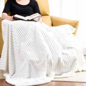 Vessia Flannel Fleece White Throw Blanket(50X70 Inch), Lightweight Couch White Blanket, Warm and Soft Stripe Bed Blanket, Cozy Comfy Microfiber Ribbed Sofa Blanket for All Season