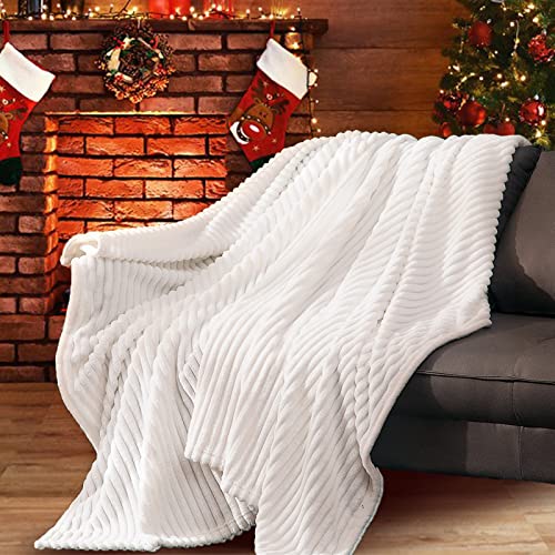 Vessia Flannel Fleece White Throw Blanket(50X70 Inch), Lightweight Couch White Blanket, Warm and Soft Stripe Bed Blanket, Cozy Comfy Microfiber Ribbed Sofa Blanket for All Season