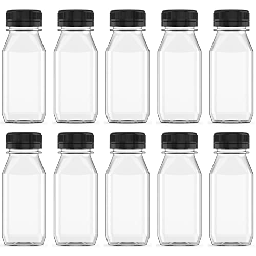 Hulless 10 Pcs 8 Ounce Plastic Juice Bottle Drink Containers Juicing Bottles with Black Lids, Suitable for Juice, Smoothies, Milk and Homemade Beverages