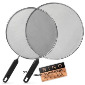 bino 2-piece stainless steel splatter screen with handle set - black | oil & grease skillet guards | bacon screen splash protector | frying screen | mesh splatter screen | kitchen cookware essentials