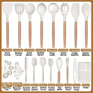 Kitchen Utensils Set, 26 Pcs Non-Stick Silicone Cooking Utensils Spatula Set with Holder, Sturdy Wooden Handle, Heat Resistance Silicone Kitchen Gadgets Utensils Set, White