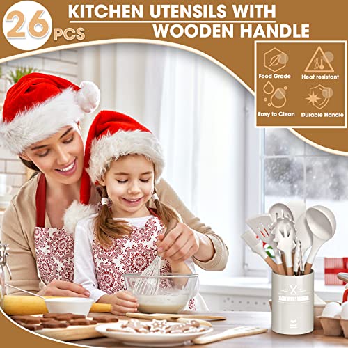 Kitchen Utensils Set, 26 Pcs Non-Stick Silicone Cooking Utensils Spatula Set with Holder, Sturdy Wooden Handle, Heat Resistance Silicone Kitchen Gadgets Utensils Set, White