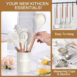 Kitchen Utensils Set, 26 Pcs Non-Stick Silicone Cooking Utensils Spatula Set with Holder, Sturdy Wooden Handle, Heat Resistance Silicone Kitchen Gadgets Utensils Set, White