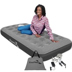 enerplex camping air mattress with built in pump - twin blow up mattress for travel & guests - portable bed for adults and kids - grey