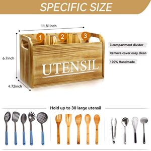 brekle Rustic Kitchen Utensil Holder Larger Wooden Utensil Holder for Kitchen Counter 3 Compartment for Efficient Utensil Organizer and Cooking Tools Storage