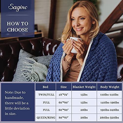 S agino Weighted Blanket & Removable Cover (15lbs, 60”x 80”)- 100% Oeko-Tex Certified Cotton Outer Layer & Premium Glass Beads, Including Weighted Eye Mask for Individual Use (~140lb)