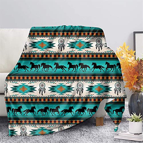 CLOHOMIN Dream Catcher Horse Breathable Soft Throw Blanket Aztec Native American Couch Blnket Navajo in Green Indian Tribal Print Bed Blanket Machine Washable Bed Couch Cover