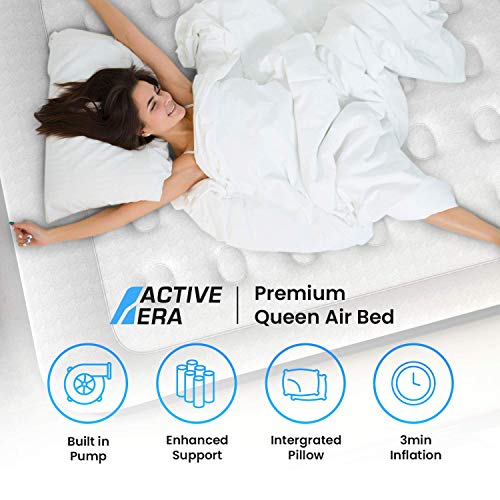 Active Era Queen Air Mattress with Built in Pump & Raised Pillow – Puncture Resistant with Waterproof Flocked Top, Elevated Inflatable Mattress Air Bed for Guests