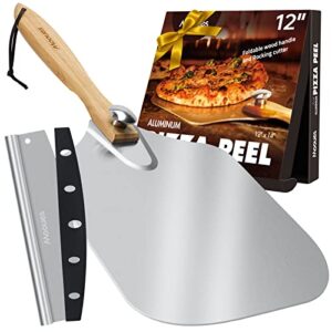 pizza peel aluminum pizza spatula, mooues 12 inch metal pizza paddle(12"x 14")with rocker cutter foldable wood handle, [storage bag included], for family pizza oven baking pizza, dough, bread & pastry