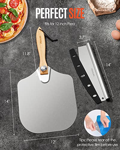 Pizza Peel Aluminum Pizza Spatula, Mooues 12 inch Metal Pizza Paddle(12"x 14")with Rocker Cutter Foldable Wood Handle, [Storage bag included], for Family Pizza Oven Baking Pizza, Dough, Bread & Pastry