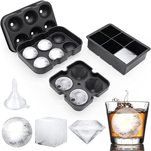 Ice Cube Trays, Silicone Ice Cube Molds for Freezer with Lid (Set of 3), 6 Ball Ice Cube Tray, 4 Diamond & 6-Ice Trays, Reusable Whiskey Ice Mold, DIY, BPA Free, Freezer