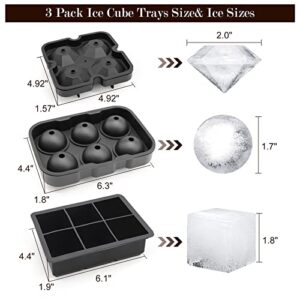 Ice Cube Trays, Silicone Ice Cube Molds for Freezer with Lid (Set of 3), 6 Ball Ice Cube Tray, 4 Diamond & 6-Ice Trays, Reusable Whiskey Ice Mold, DIY, BPA Free, Freezer