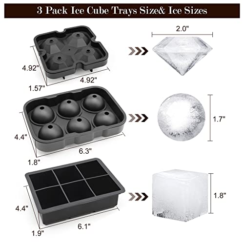 Ice Cube Trays, Silicone Ice Cube Molds for Freezer with Lid (Set of 3), 6 Ball Ice Cube Tray, 4 Diamond & 6-Ice Trays, Reusable Whiskey Ice Mold, DIY, BPA Free, Freezer