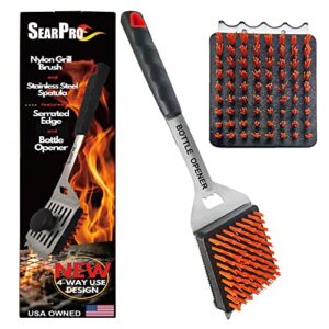 searpro 4-in1 grill brush bbq cleaner scraper barbecue tool accessories kit heat resistant nylon bristle spatula outdoor smoker black stone grate cast iron spatula non-wire brush combo