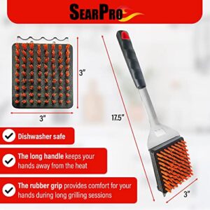 SearPro 4-in1 Grill Brush BBQ Cleaner Scraper Barbecue Tool Accessories Kit Heat Resistant Nylon Bristle Spatula Outdoor Smoker Black Stone Grate Cast Iron Spatula Non-Wire Brush Combo