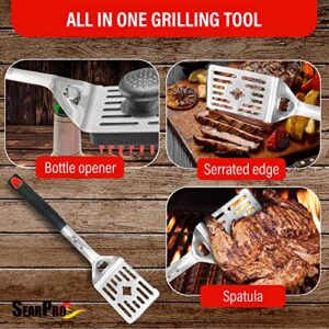 SearPro 4-in1 Grill Brush BBQ Cleaner Scraper Barbecue Tool Accessories Kit Heat Resistant Nylon Bristle Spatula Outdoor Smoker Black Stone Grate Cast Iron Spatula Non-Wire Brush Combo