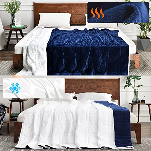 OMYSTYLE King Size Weighted Blanket 15lbs(88''x104'', Navy Blue / White), Reversible Weighted Blanket with Warm Short Plush and Cooling Tencel Fabric for All Season Use - Carry Bag Included