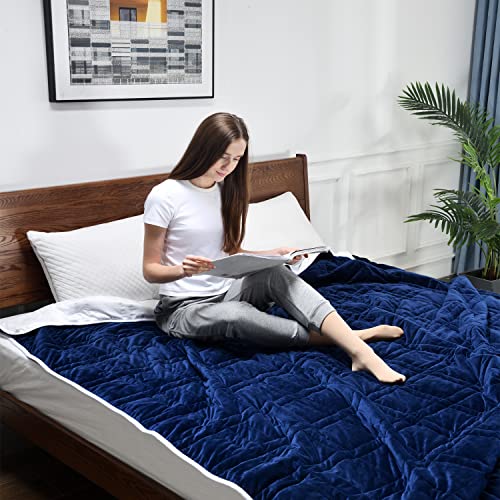 OMYSTYLE King Size Weighted Blanket 15lbs(88''x104'', Navy Blue / White), Reversible Weighted Blanket with Warm Short Plush and Cooling Tencel Fabric for All Season Use - Carry Bag Included