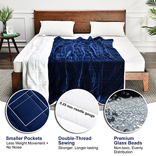 OMYSTYLE King Size Weighted Blanket 15lbs(88''x104'', Navy Blue / White), Reversible Weighted Blanket with Warm Short Plush and Cooling Tencel Fabric for All Season Use - Carry Bag Included