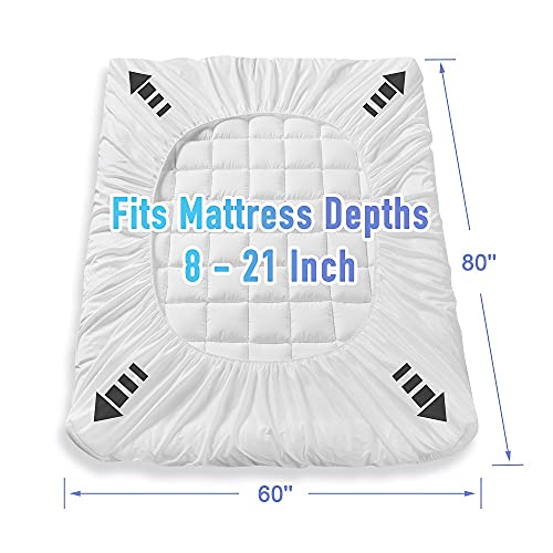 MATBEBY Bedding Quilted Fitted Queen Mattress Pad Cooling Breathable Fluffy Soft Mattress Pad Stretches up to 21 Inch Deep, Queen Size, White, Mattress Topper Mattress Protector