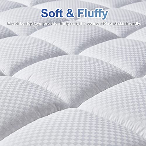 MATBEBY Bedding Quilted Fitted Queen Mattress Pad Cooling Breathable Fluffy Soft Mattress Pad Stretches up to 21 Inch Deep, Queen Size, White, Mattress Topper Mattress Protector