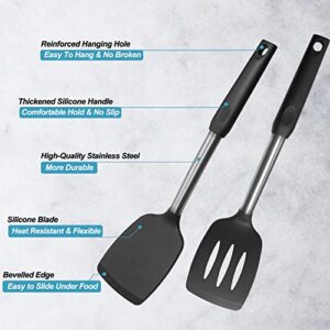 2 Pack Spatulas, Solid & Slotted Silicone Spatula Set, Stainless Steel Handle Coated with Silicone, Non Stick Turners, Heat Resistant BPA Free Rubber Spatulas for Fish, Eggs, Pancakes, WOK, Black