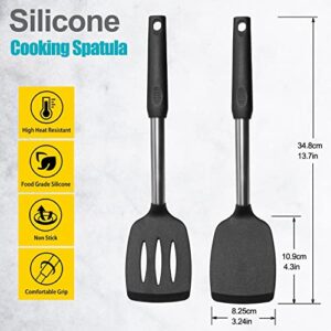 2 Pack Spatulas, Solid & Slotted Silicone Spatula Set, Stainless Steel Handle Coated with Silicone, Non Stick Turners, Heat Resistant BPA Free Rubber Spatulas for Fish, Eggs, Pancakes, WOK, Black