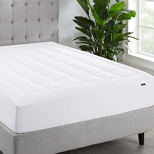 SERTA ComfortSure Breathable Elastic Dobby Check Quilted Pillow Top Mattress Pad Cover with 18" Deep Pocket for All Season, White, Twin