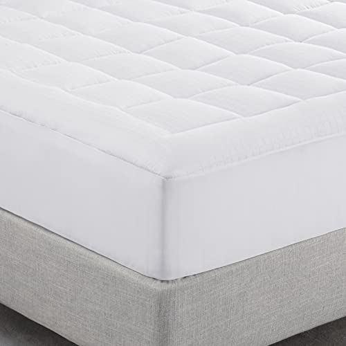 SERTA ComfortSure Breathable Elastic Dobby Check Quilted Pillow Top Mattress Pad Cover with 18" Deep Pocket for All Season, White, Twin